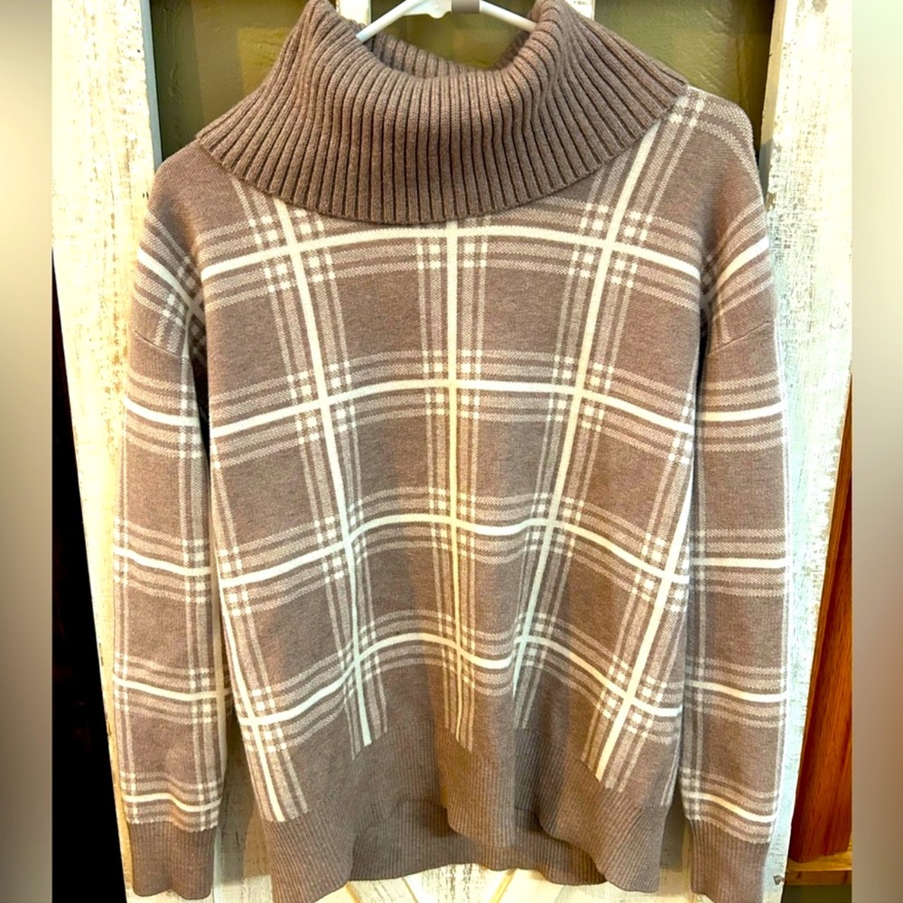 Max Studio Tan Plaid Cowl Neck Sweater - Gem